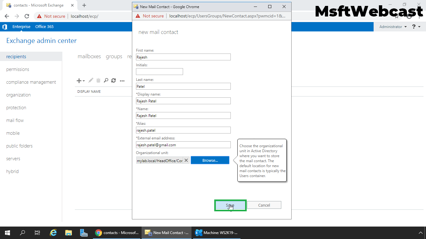 Create Mail Enabled Contact In Exchange 2019